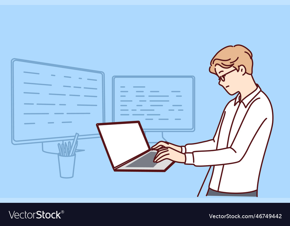 Man software developer is standing at table Vector Image