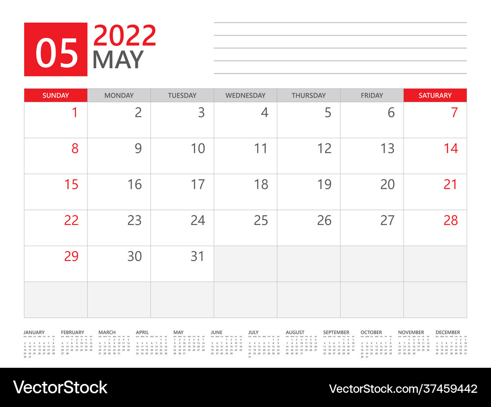 May 2022 year- calendar planner 2022 Royalty Free Vector