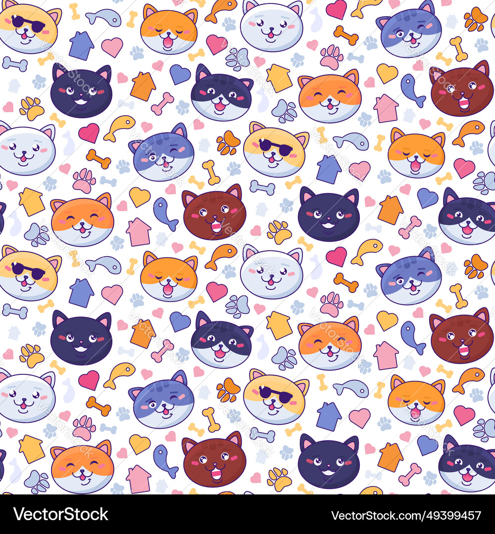 Funny kitty pets muzzles and food seamless pattern