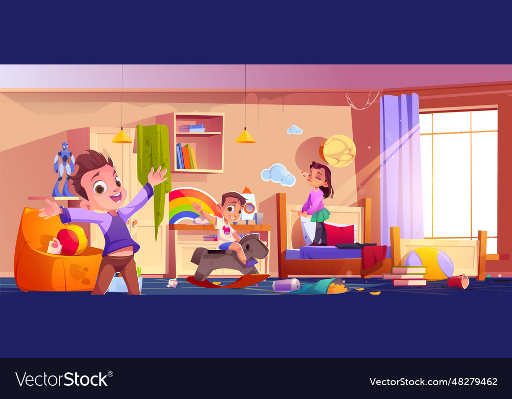 Excited children playing in messy room Royalty Free Vector