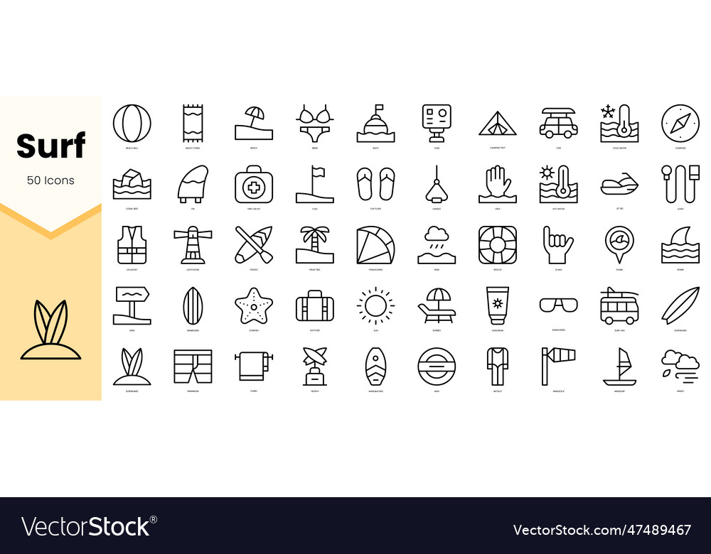Set of surf icons simple line art style pack Vector Image