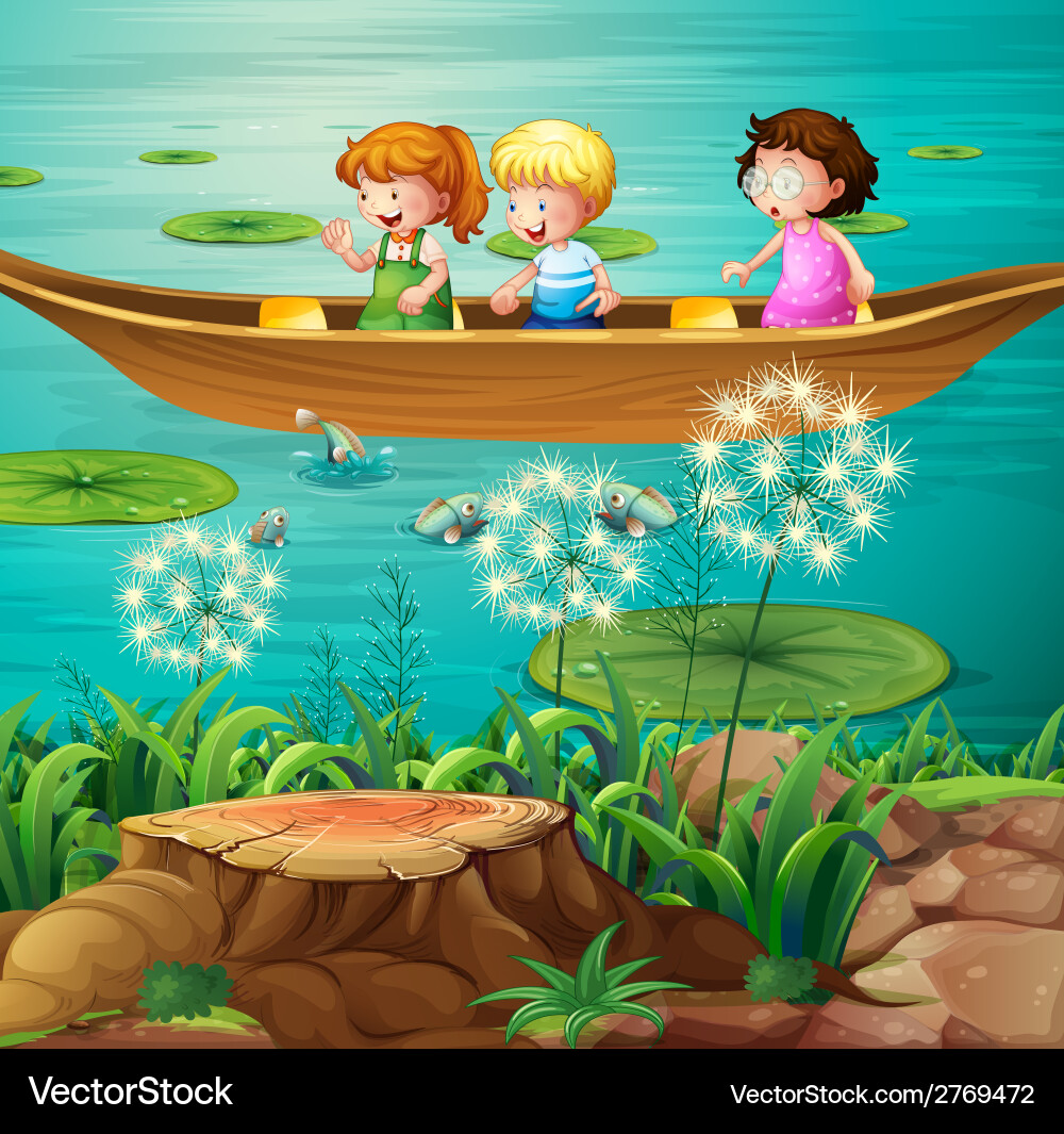 Children rowing boat in pond Royalty Free Vector Image