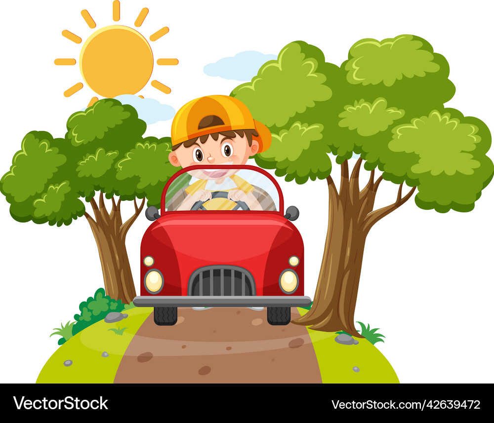 Cute boy driving car cartoon Royalty Free Vector Image