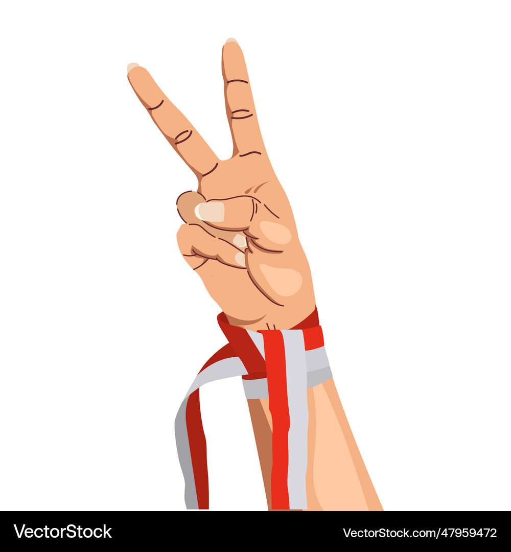 Hands gesturing peace sign wearing indonesian red Vector Image