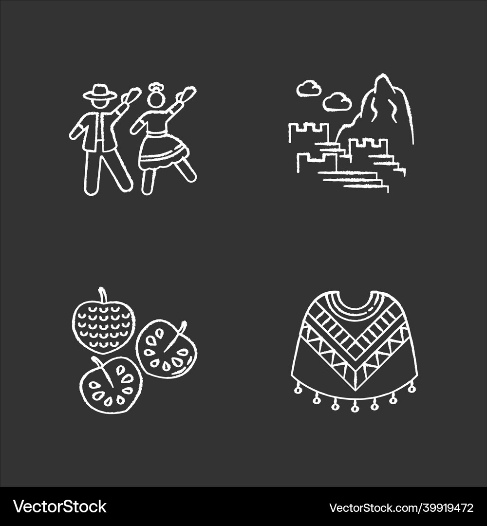 Peru chalk white icons set on black background Vector Image