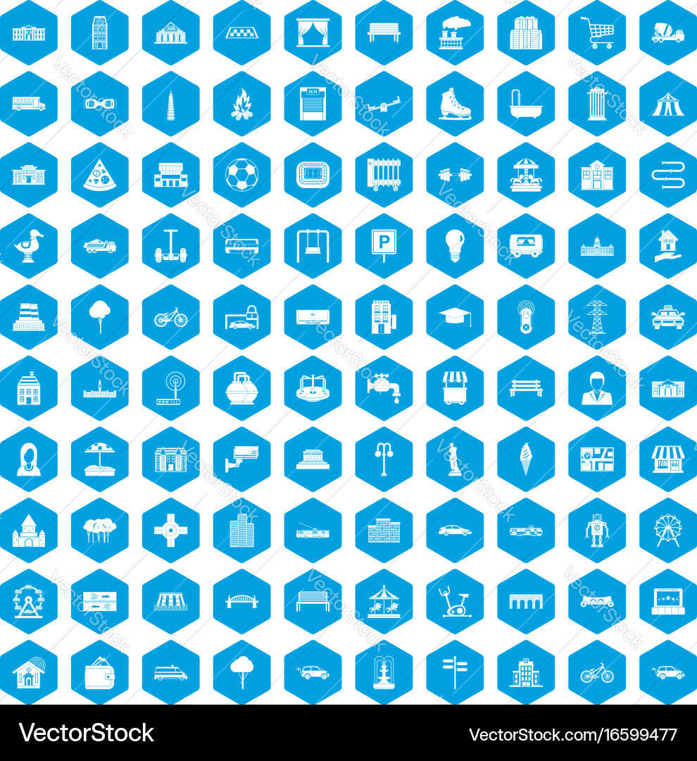 100 urban icons set blue Royalty Free Vector Image
