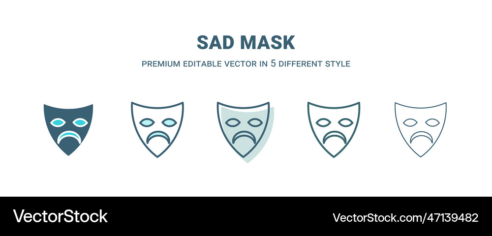 Sad mask icon in 5 different style outline filled Vector Image