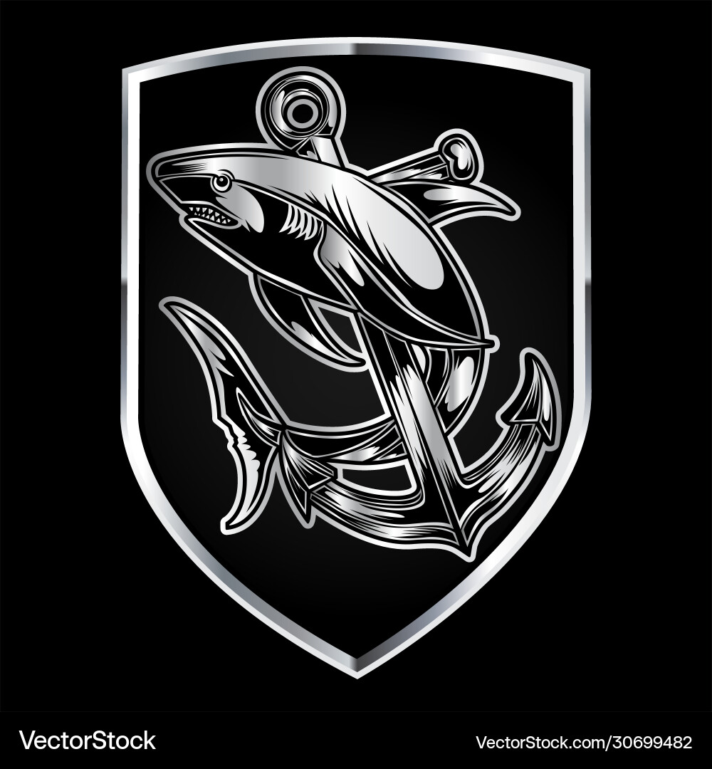 Silver shark drawing vintageanchor on black Vector Image