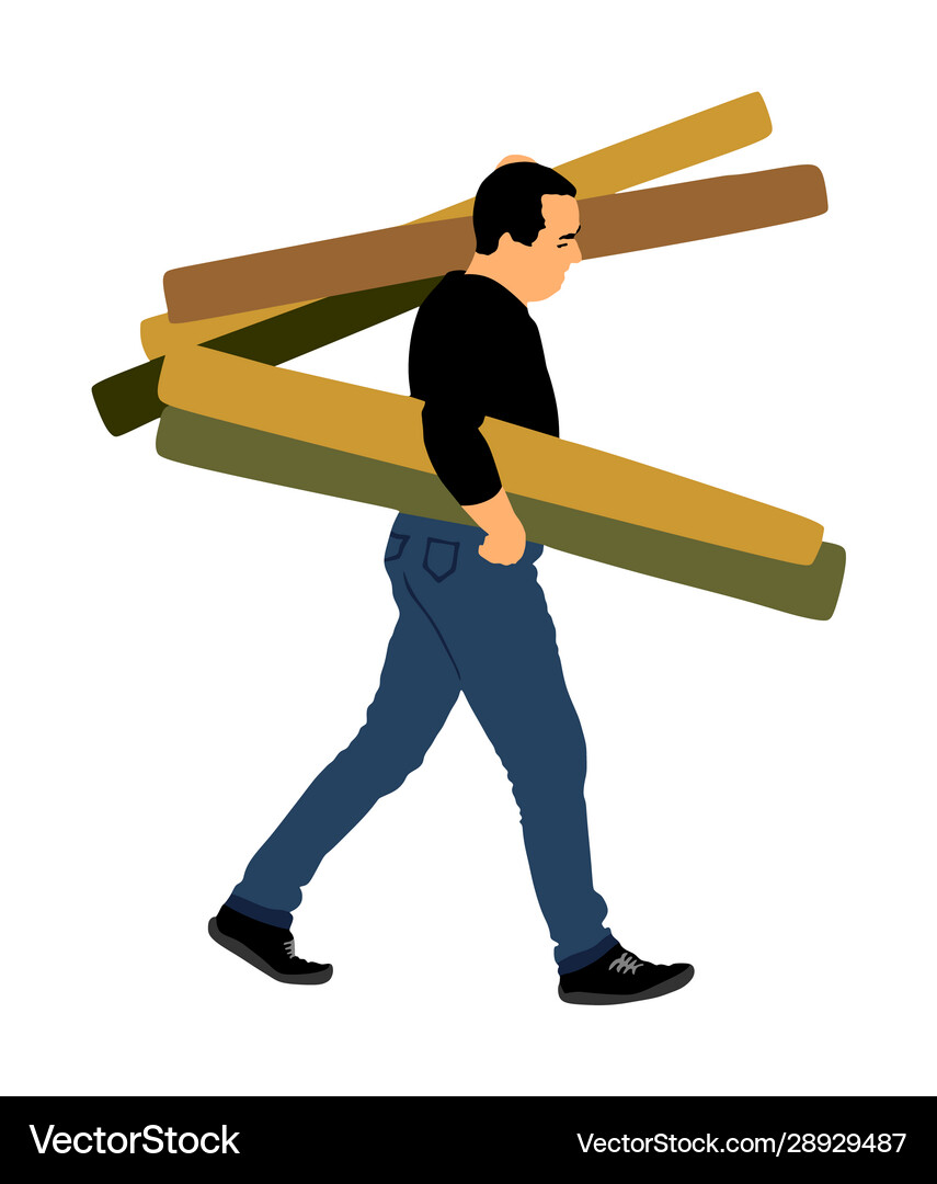 Man worker carrying rolled carpet and wallpaper Vector Image