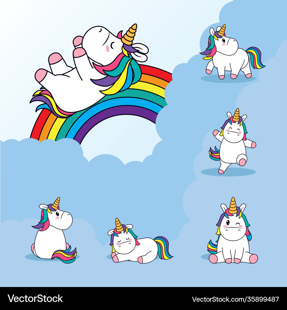 Rainbow and cute unicorns icon set line fill Vector Image