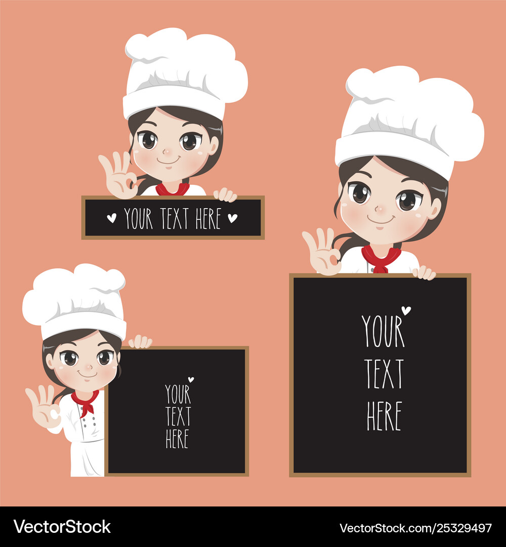 Female chef holds a signage Royalty Free Vector Image