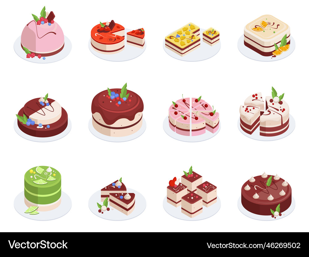 Isometric birthday cakes festive cake Royalty Free Vector