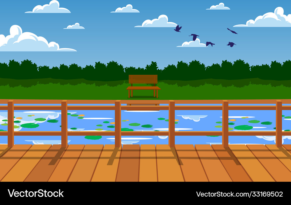 Landscape wooden bridge on river Royalty Free Vector Image