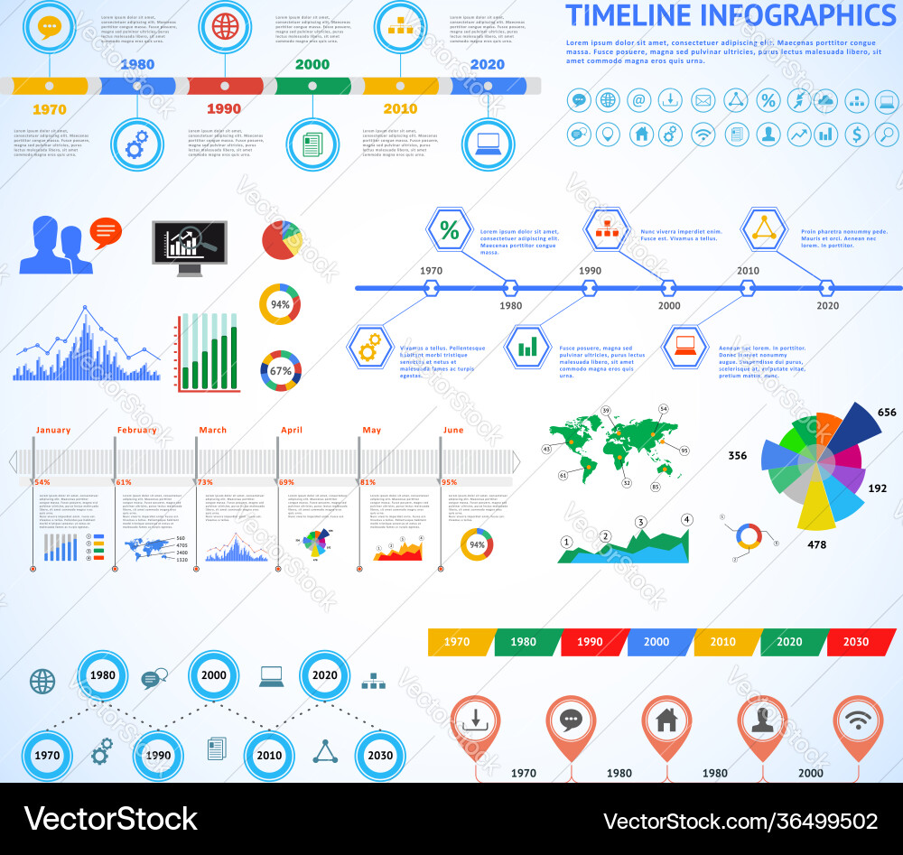 Set timeline infographic with diagrams and text Vector Image