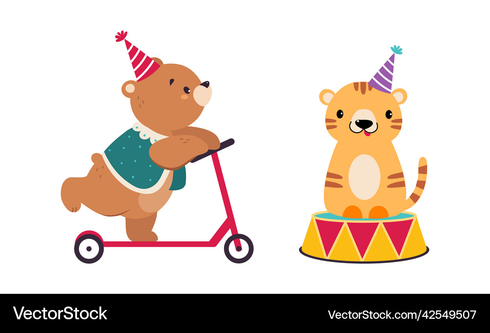 Circus bear and tiger riding kick scooter Vector Image