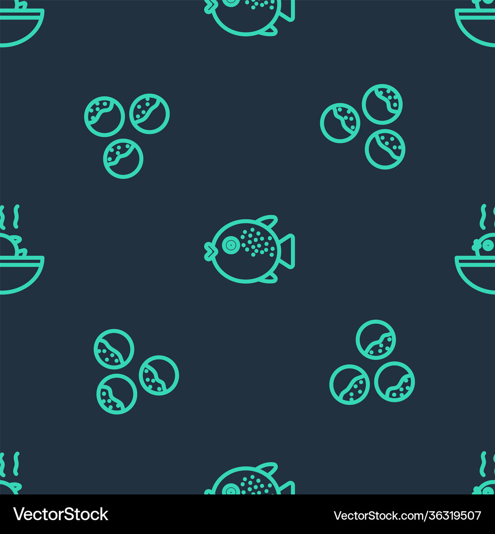 Set line puffer fish takoyaki and soup Royalty Free Vector