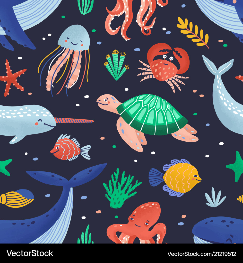 Seamless pattern with cute funny marine animals or