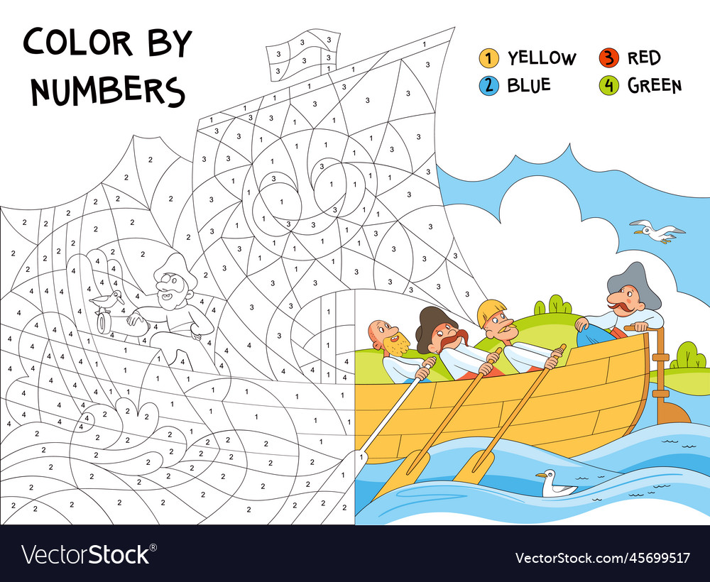 Color by numbers pirates sailing on a boat Vector Image
