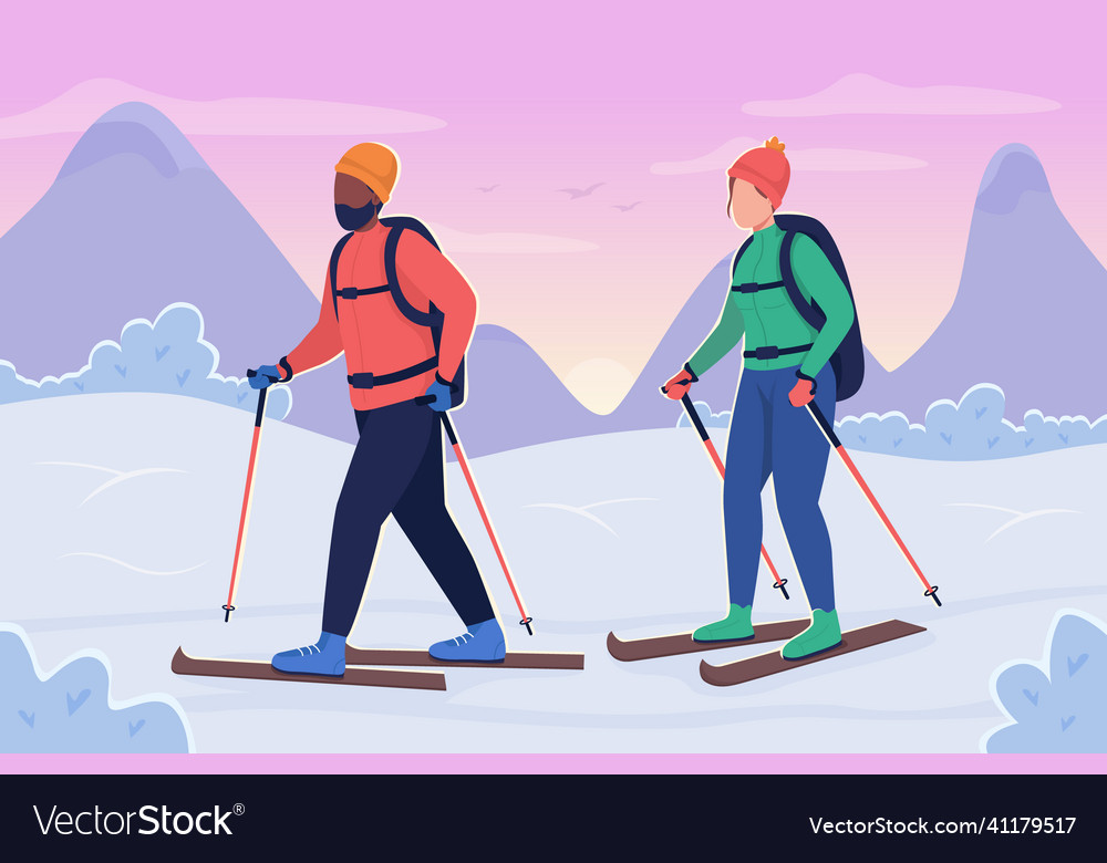 Couple skiing flat color Royalty Free Vector Image