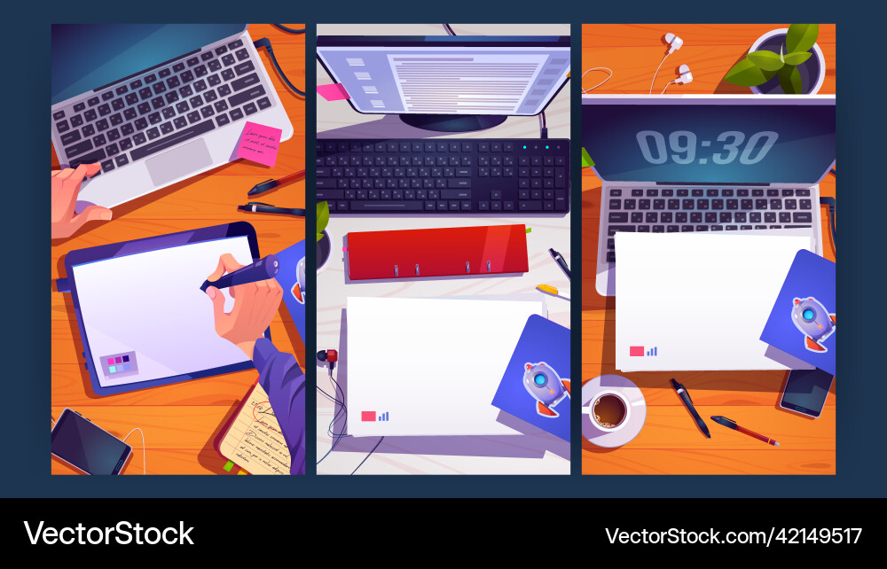 Workplace top view designer office employee desk Vector Image