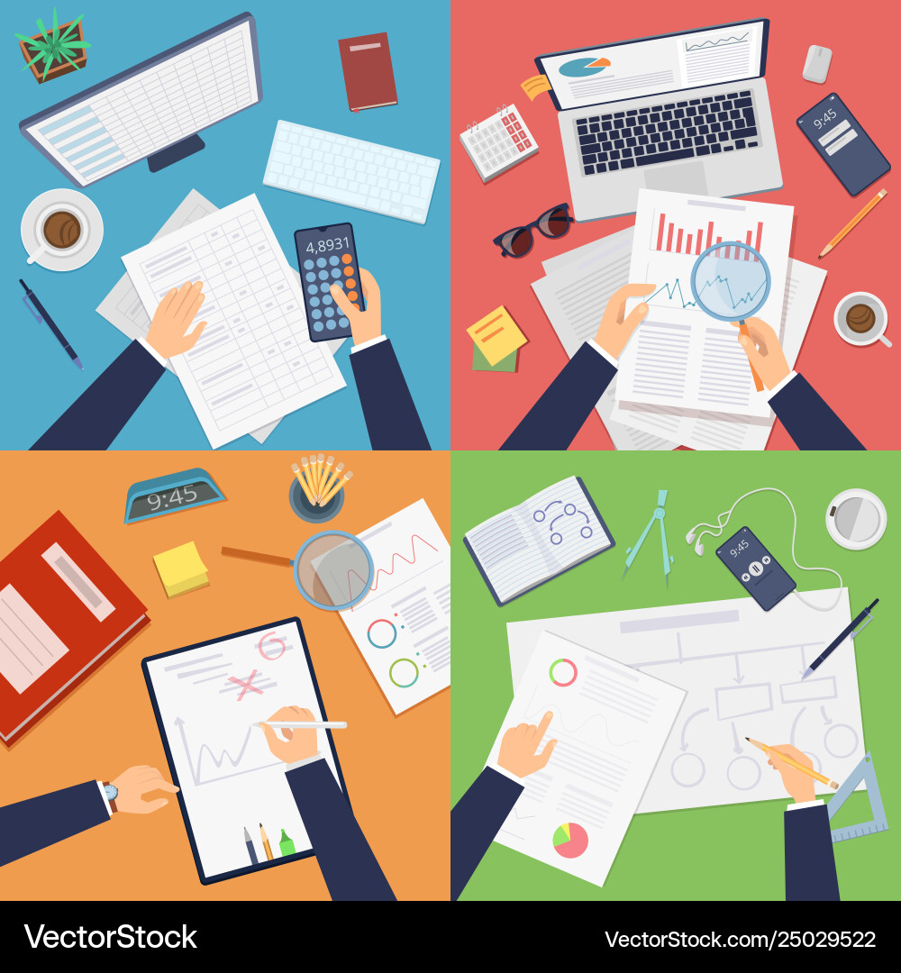 Business workplace top view businessman working Vector Image