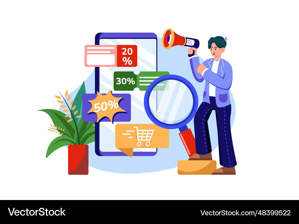 Man searching discount on online store Royalty Free Vector
