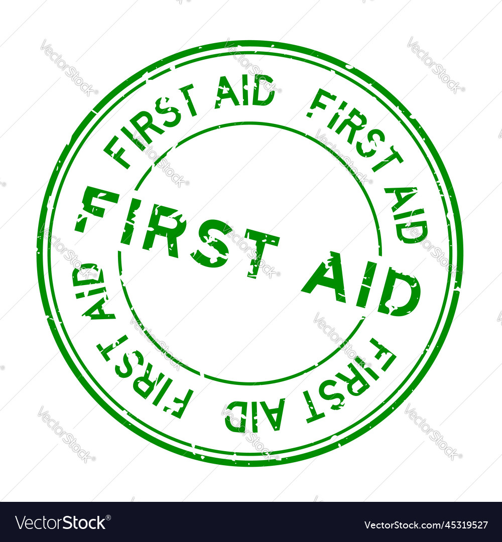 Grunge green first aid word round rubber seal Vector Image