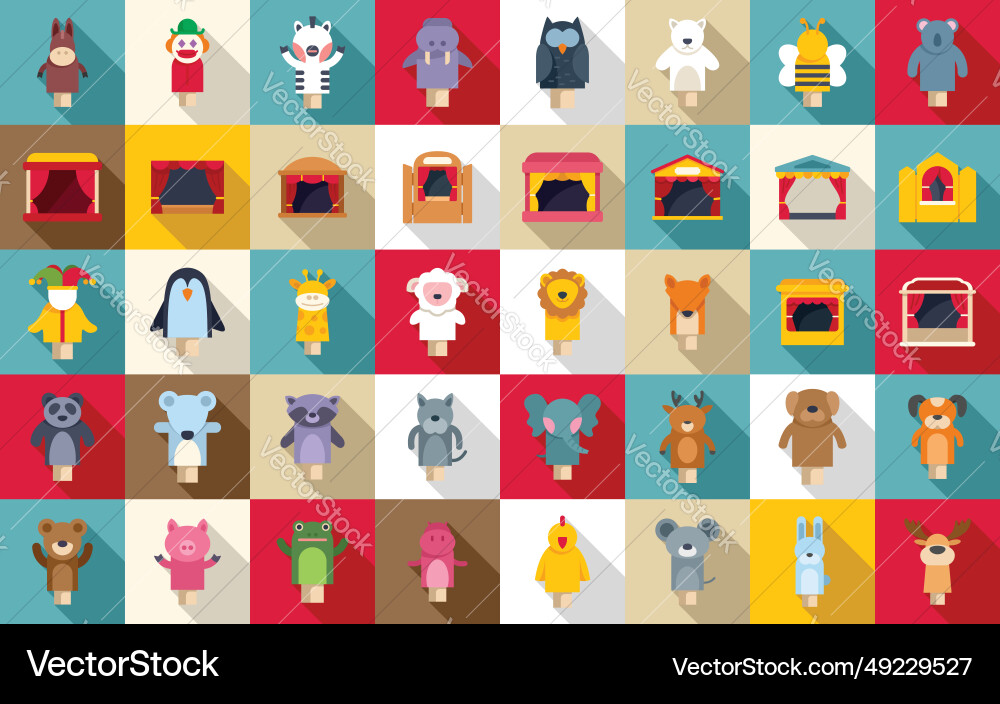 Puppet theater icons set flat marionette Vector Image