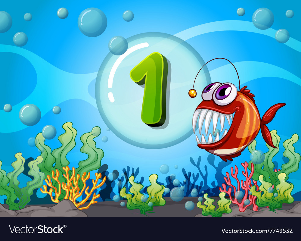 Flashcard number one with 1 fish underwater Vector Image