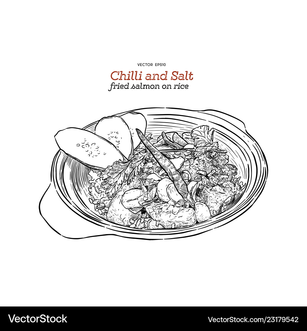 Chilli and salt fried salmon on rice Royalty Free Vector