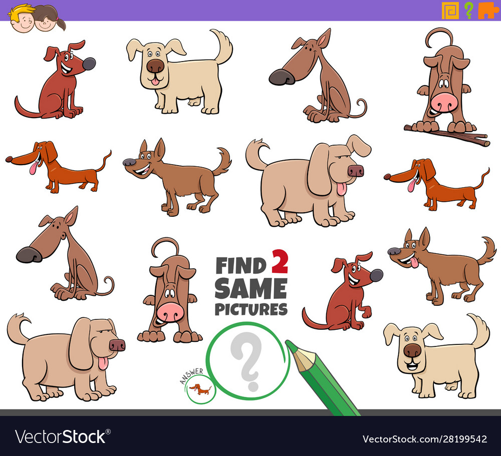 Find two same dog characters game for children Vector Image