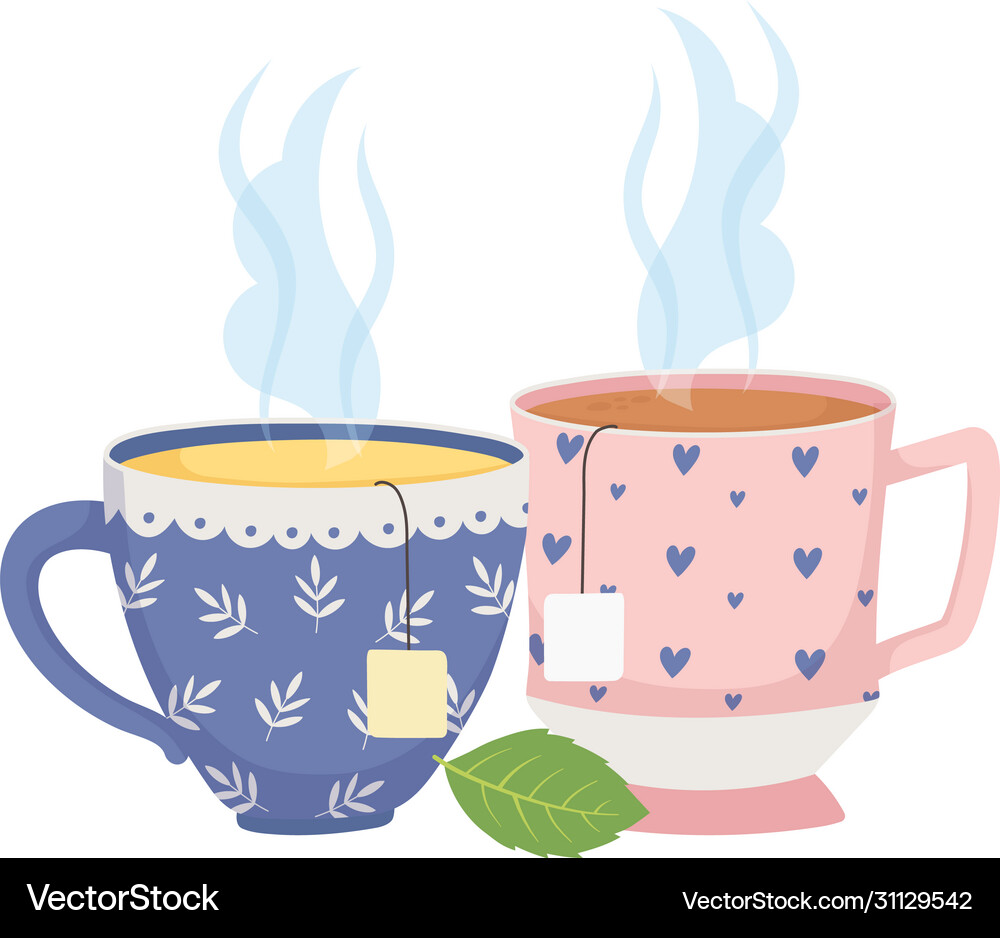 Tea time cups tea with tea bags herbal leaf Vector Image