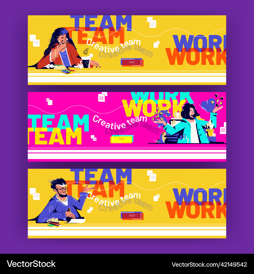 Team work cartoon web banners with business people