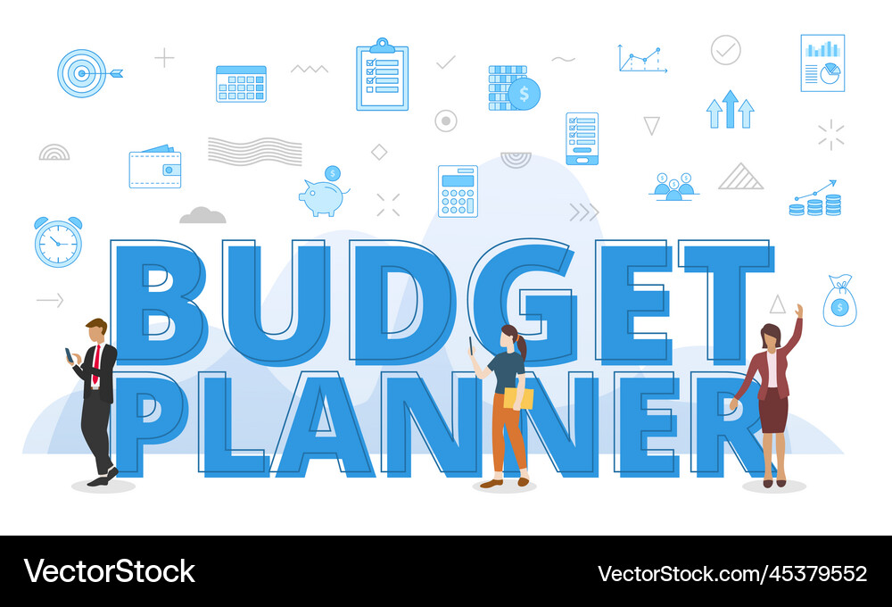 Budget planner concept with big words and people Vector Image