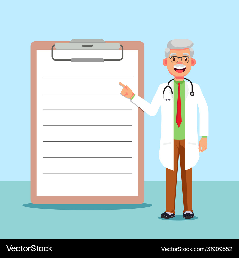 Doctor standing with big blank clipboard Vector Image