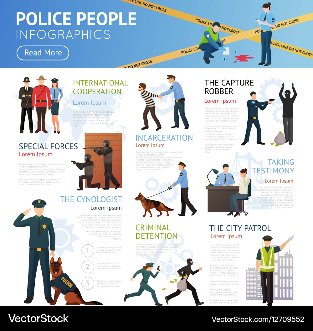 Police service flat infographic poster Royalty Free Vector