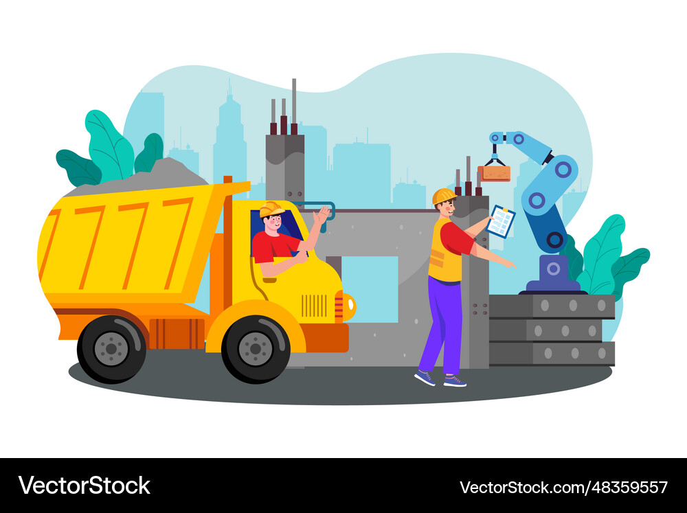 A construction team demolishes an old building Vector Image