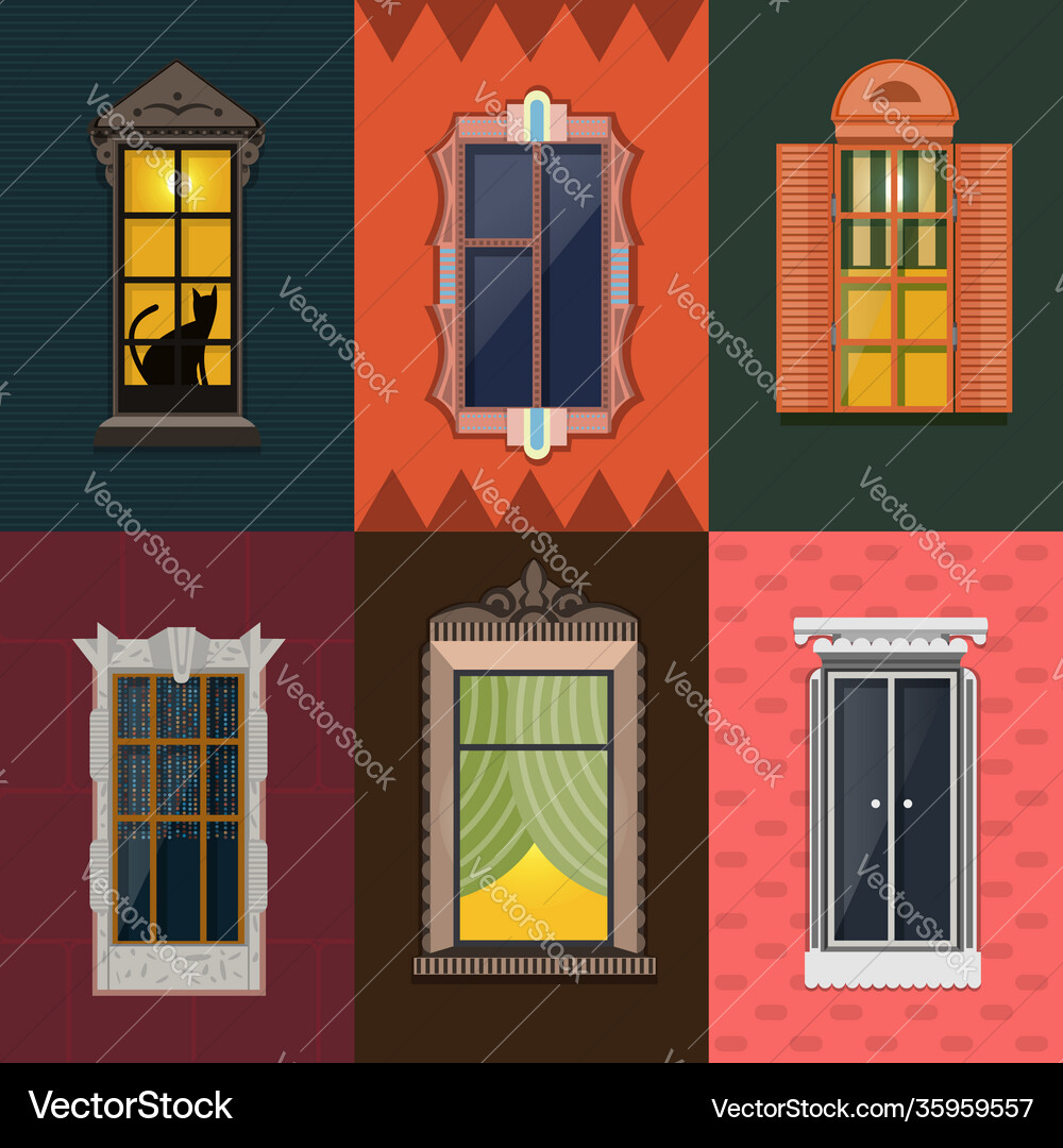 Colorful detailed night windows collection Vector Image