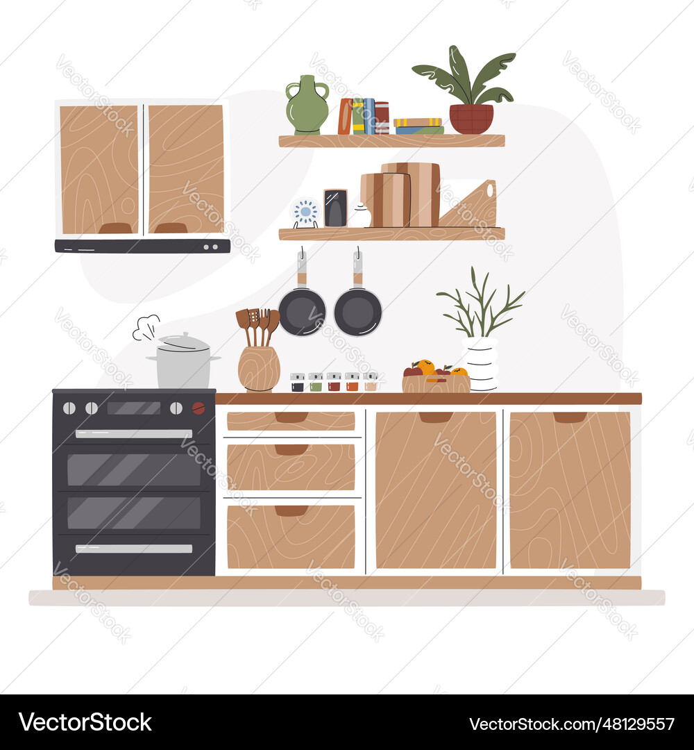 Cozy kitchen interior scene residential room full Vector Image