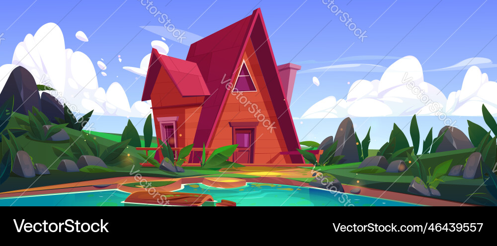 Landscape with cabin on lake coast Royalty Free Vector Image