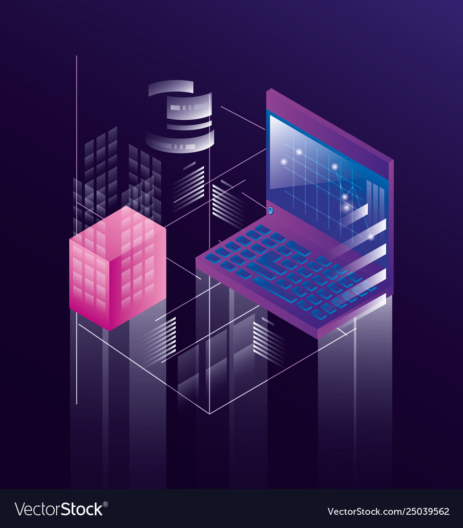 Computer laptop with data center icons Royalty Free Vector