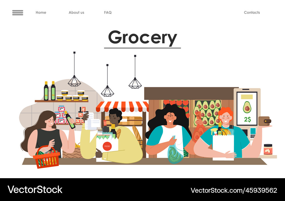 Grocery shop flat landing page template Royalty Free Vector