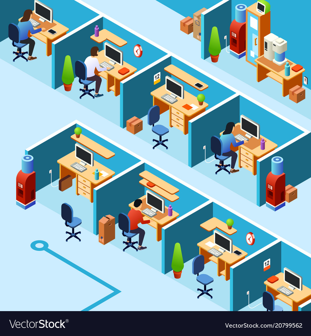 Isometric cubicle office plan coworking Royalty Free Vector Isometric cubicle office plan coworking Royalty Free Vector