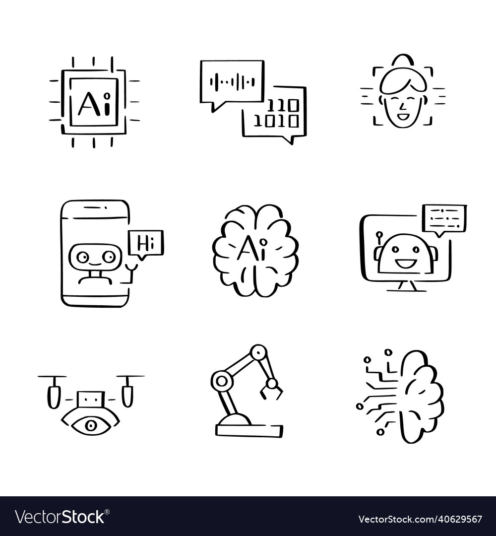 Artificial intelligence doodle icons set robotic Vector Image