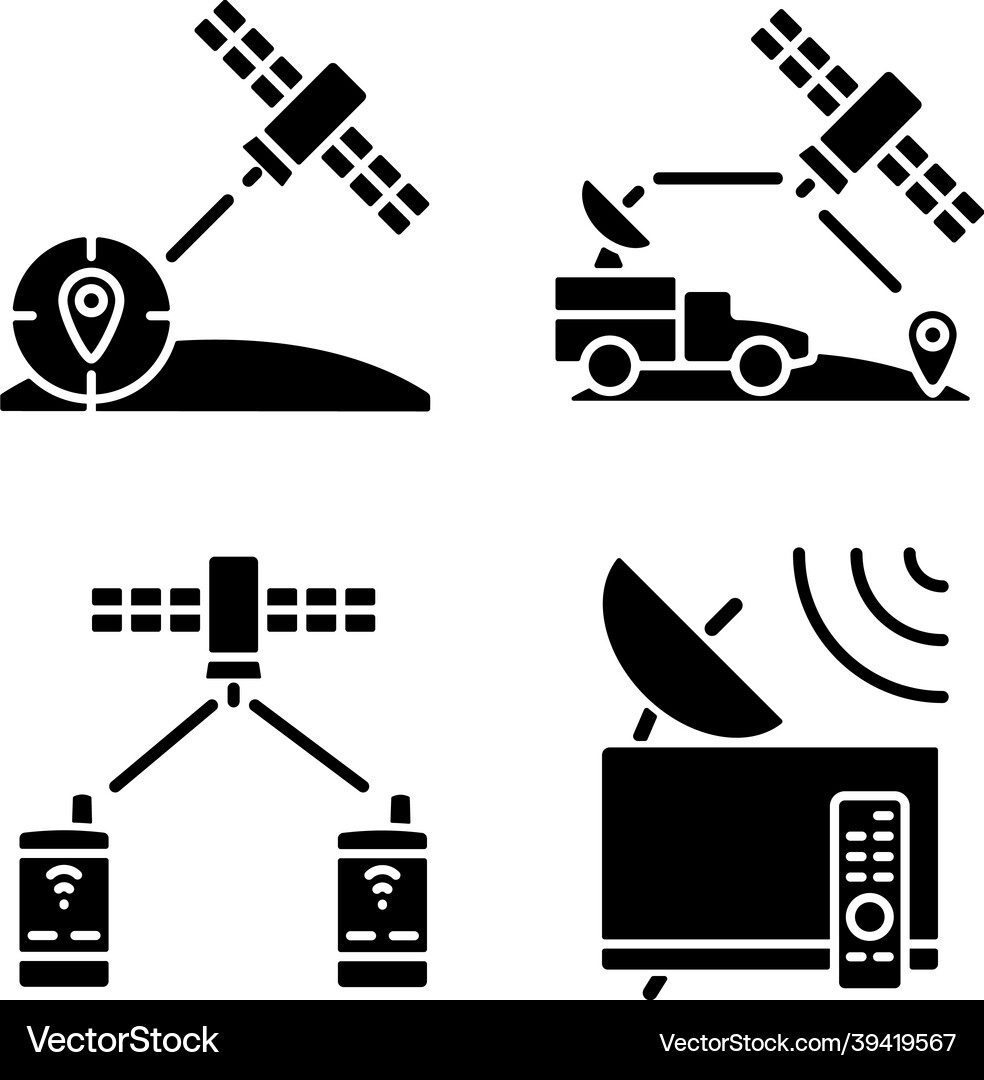 Communications satellites black glyph icons set Vector Image