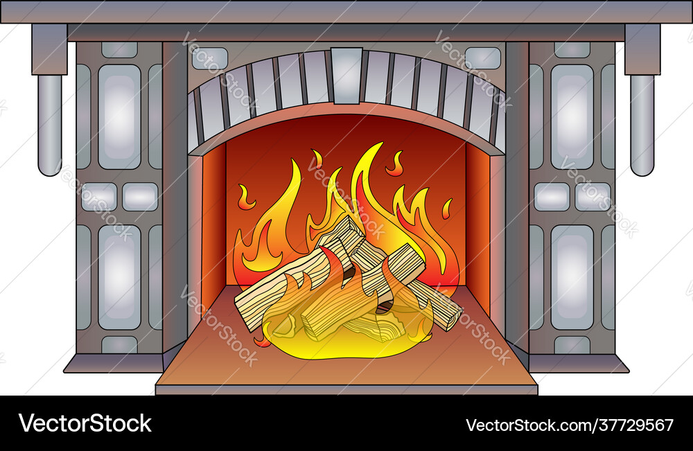 Fireplace with burning wood - full color Vector Image