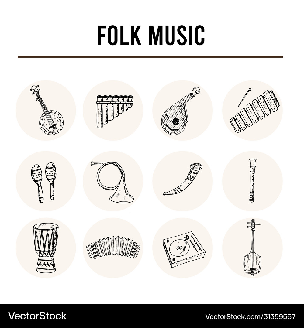 Folk music isolated hand drawn doodles Royalty Free Vector