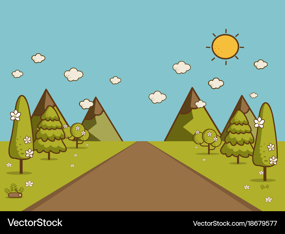 Road in green valley mountains hills clouds Vector Image