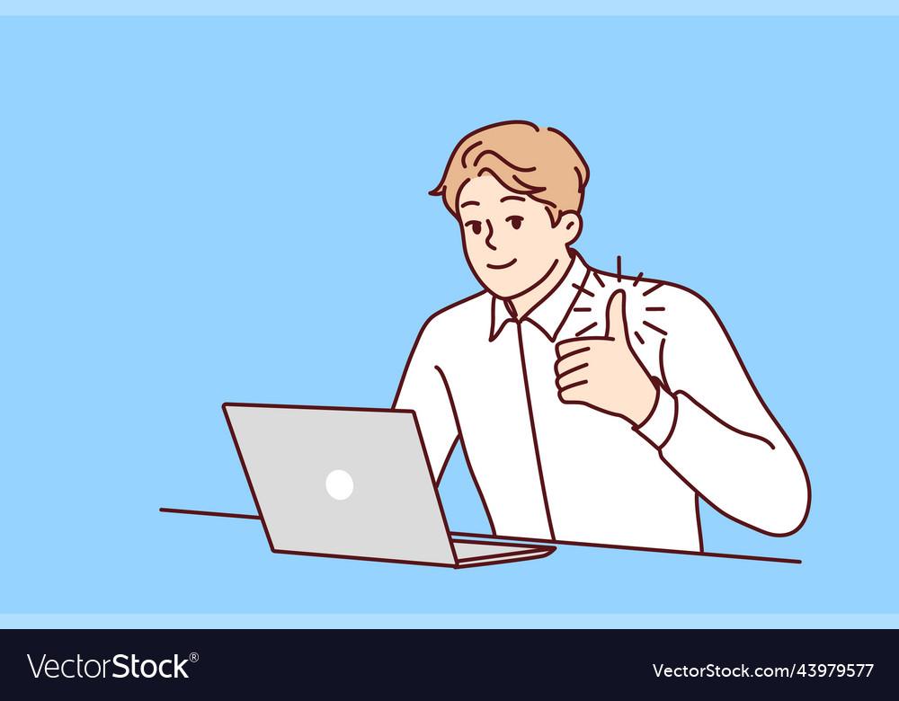 Smiling businessman work on laptop show thumb up Vector Image Smiling businessman work on laptop show thumb up Vector Image