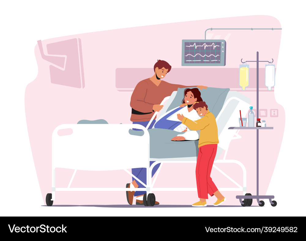 Father and son visiting sick mother with arm Vector Image
